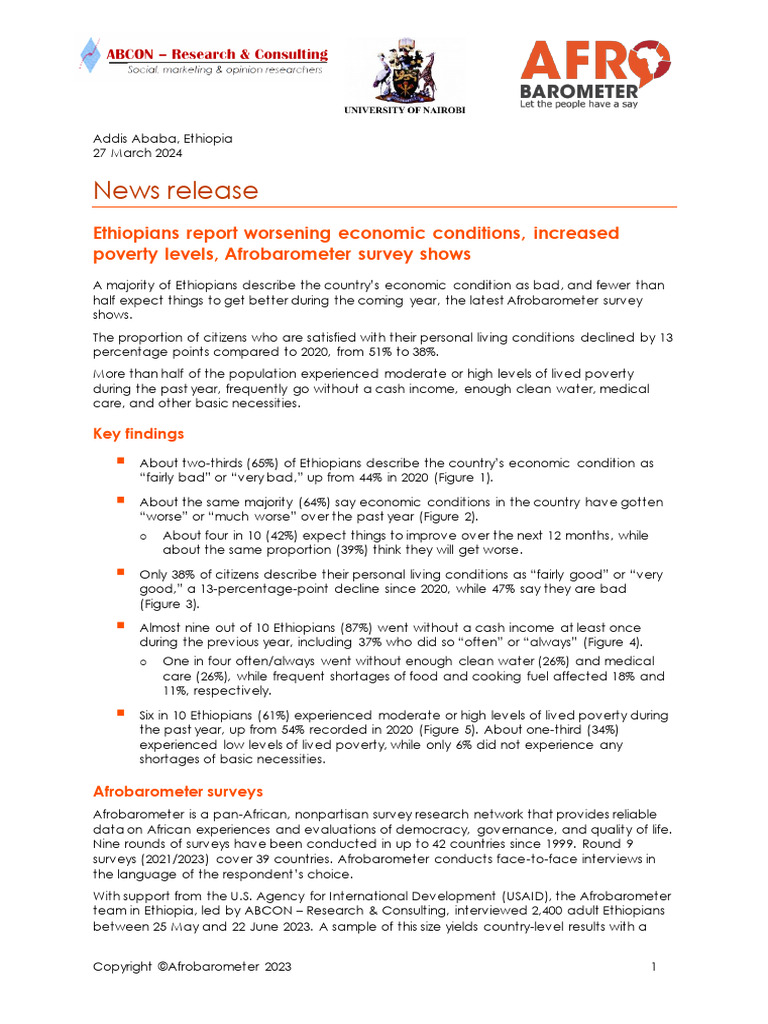 News Release Ethiopians Report Worsening Economic Conditions ...