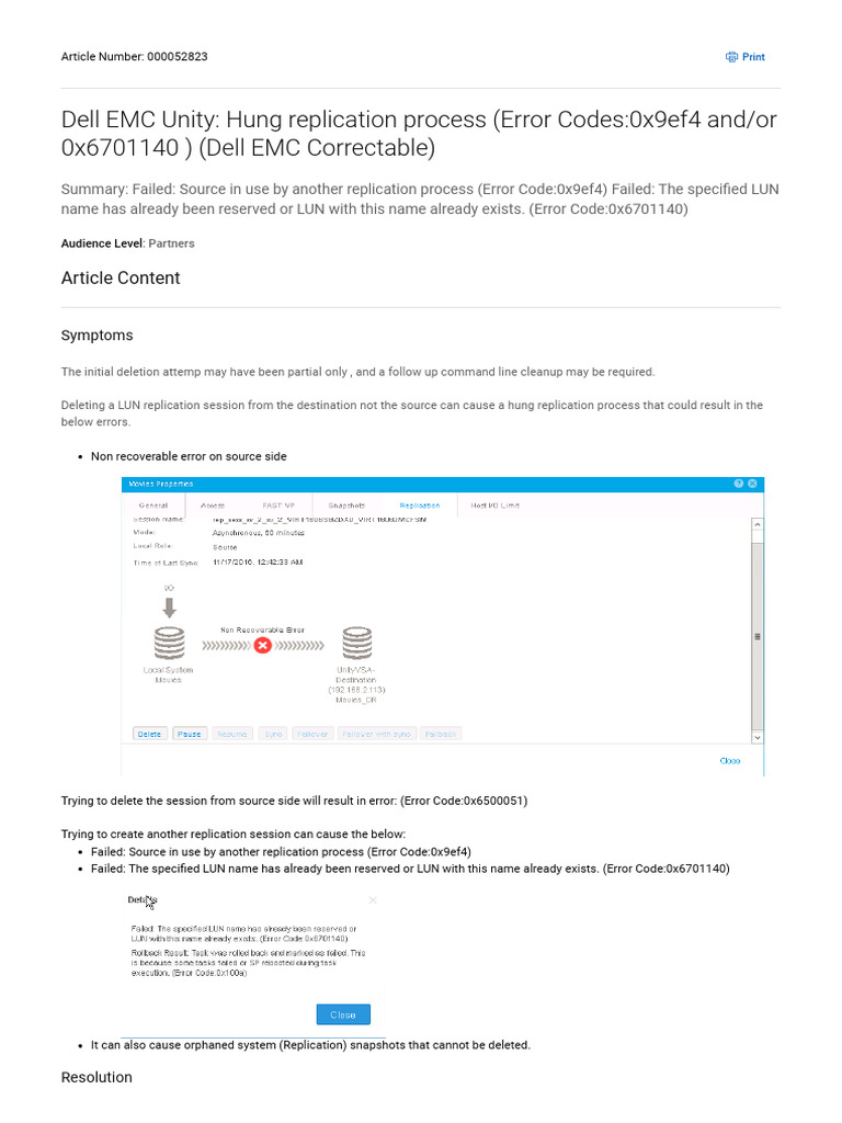 Dell EMC Unity - Hung Replication Process (Error Codes - 0x9ef4 and - or 0x6701140) (Dell EMC ...