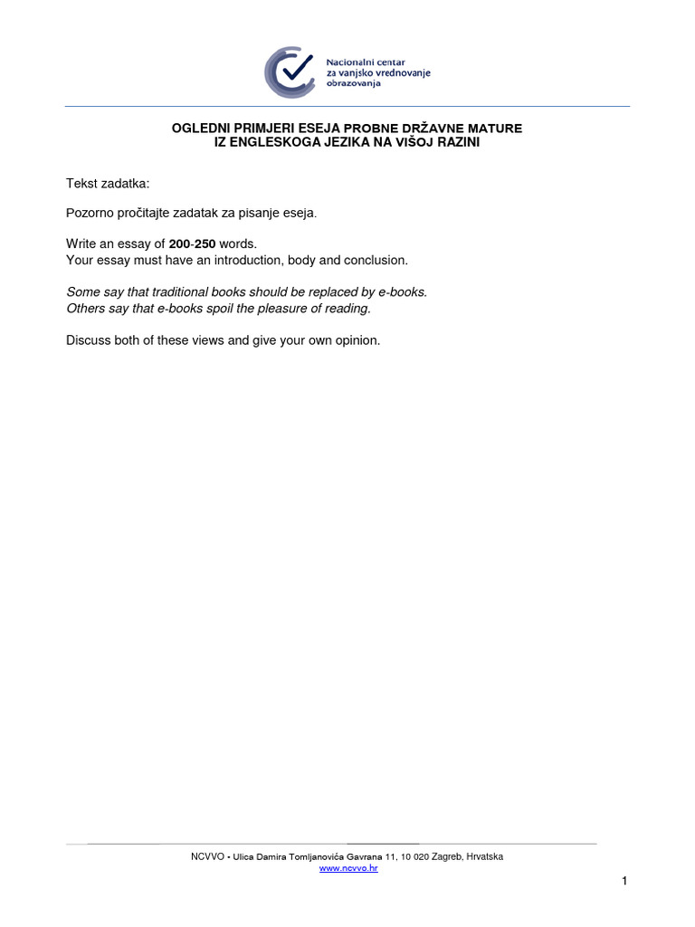 ENGLESKI JEZIK - Vita Razina Probni Ispit 2023.-2024. Ogledni Primjeri Eseja | PDF | Publishing