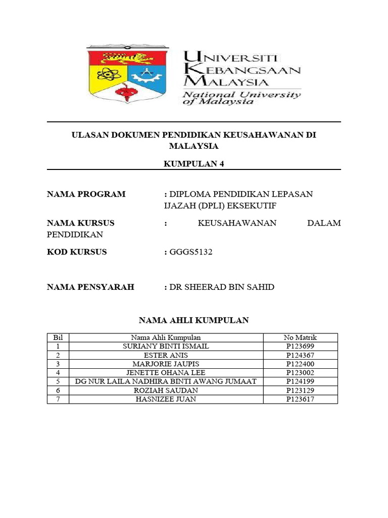 ULASAN DOKUMEN PENDIDIKAN KEUSAHAWANAN DI MALAYSIA 30.05.2023 - 3.51am ...