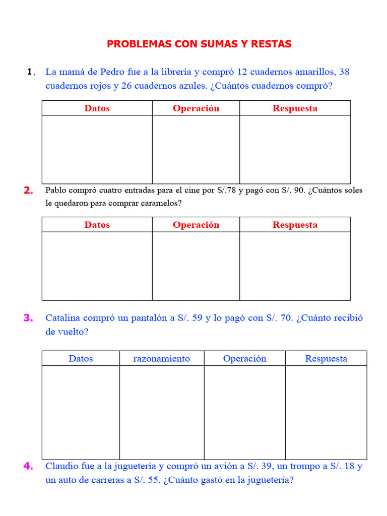 Problemas Con Sumas y Restas para Primer Grado de Primaria | PDF ...