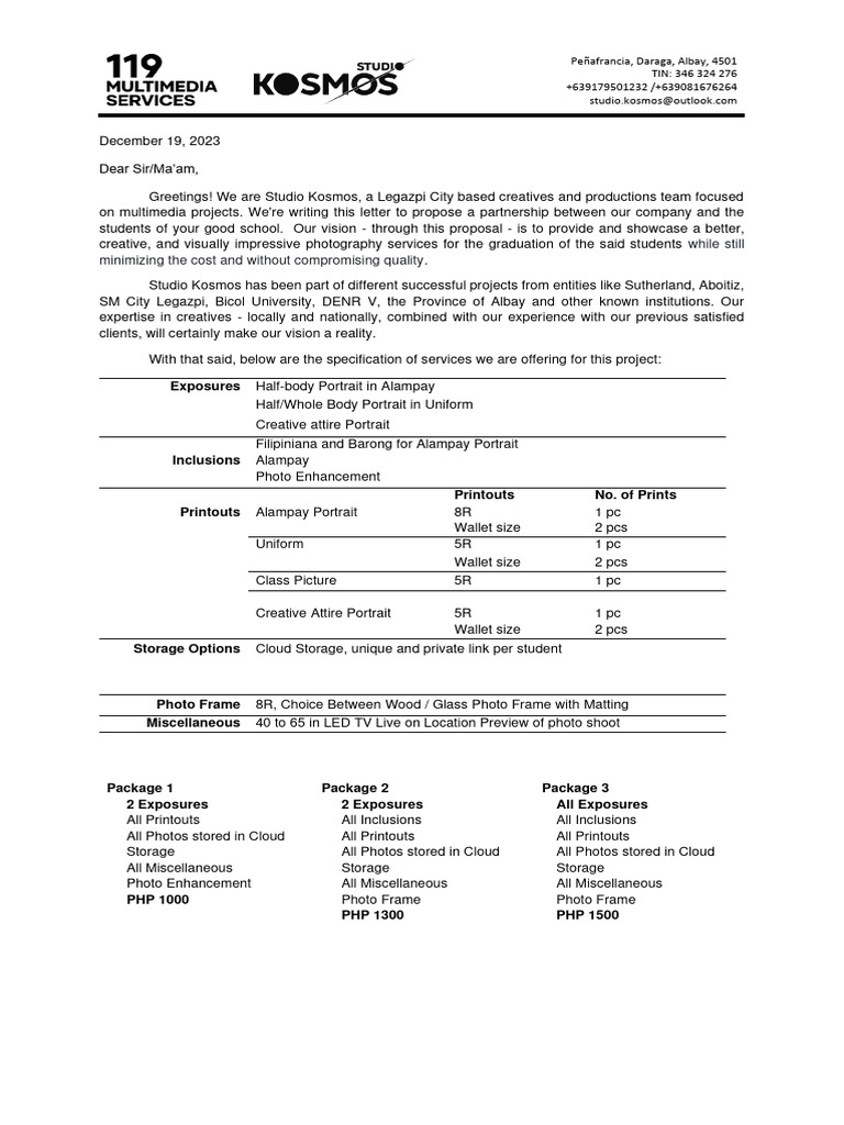 Studio Kosmos BU Letter of Intent Proposal For Graduation Photos and Yearbook 2023 2024 | PDF ...
