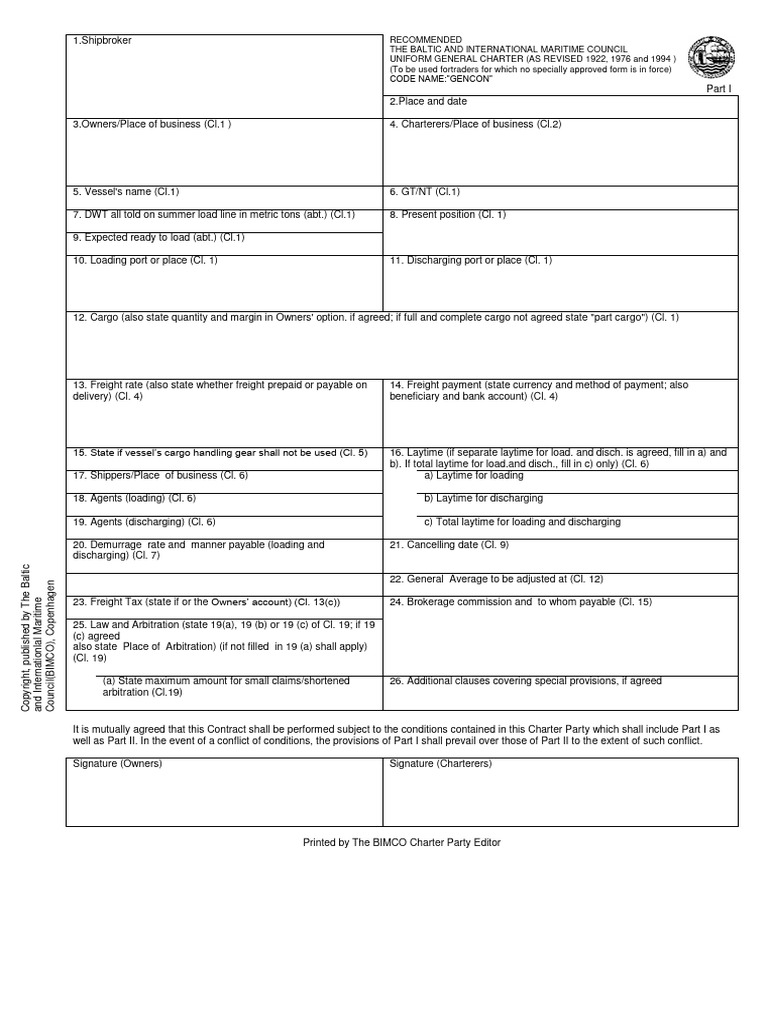 GENCON Charter Party Agreement Template | PDF | Cargo | Shipping