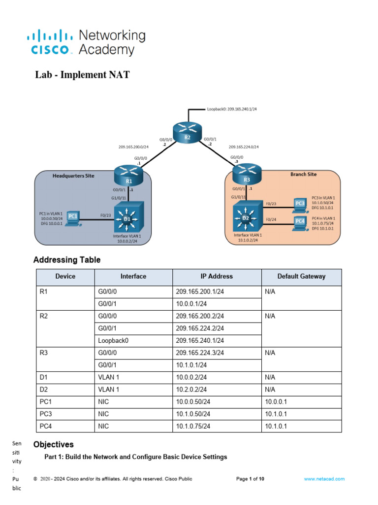 NAT Configuration Lab for Cisco Devices | PDF | Ip Address | Computer ...