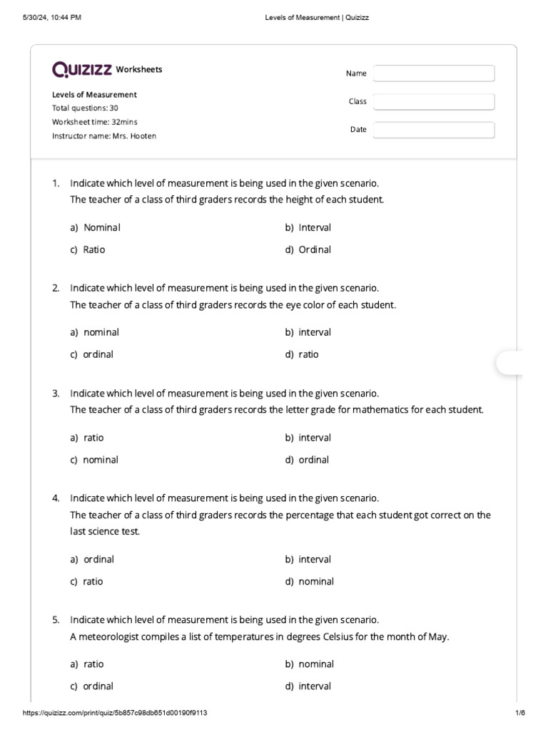Levels of Measurement - Quizizz | PDF | Level Of Measurement ...