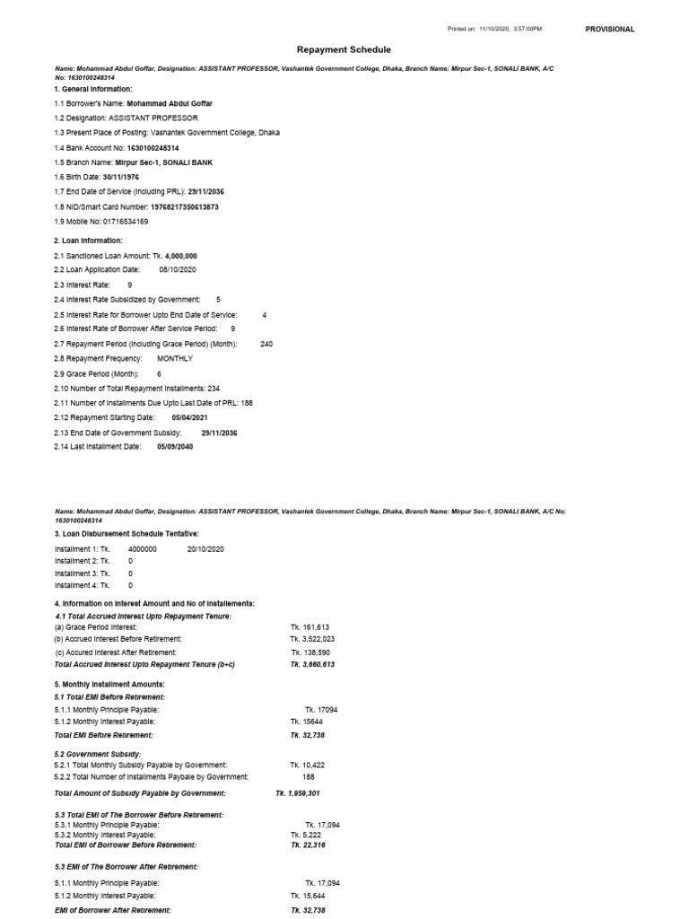 Repayment Schedule of Abdul Goffar | PDF | Loans | Interest