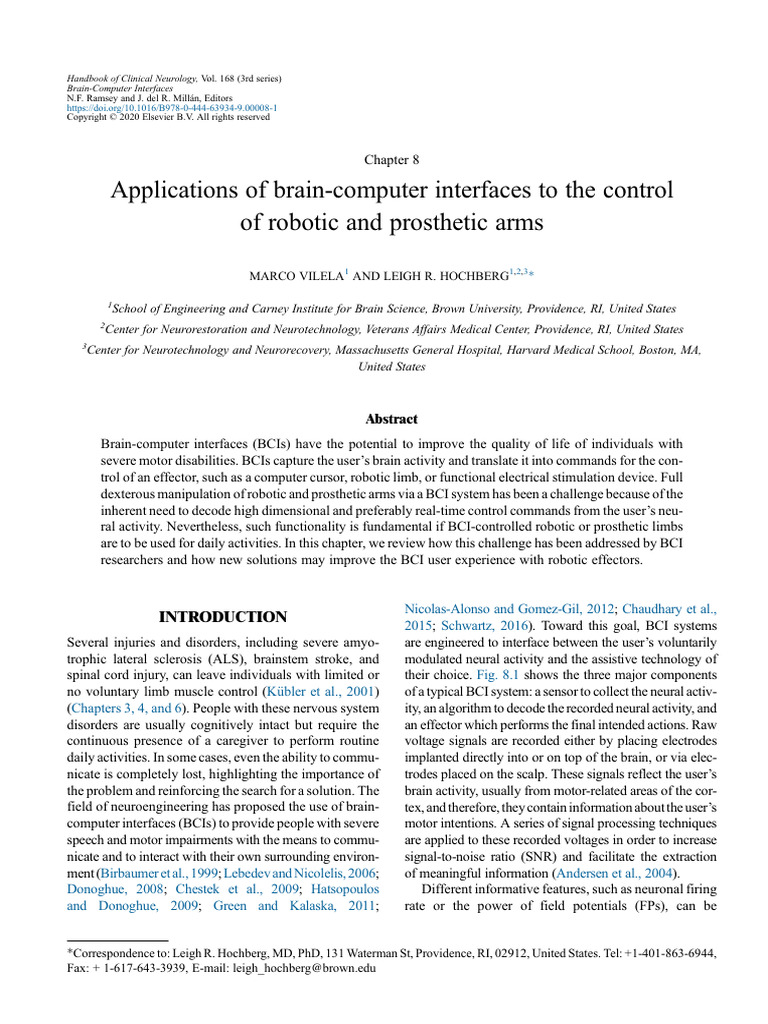 Applications of Brain-Computer Interfaces To The Control of Robotic and Prosthetic Arms | PDF ...