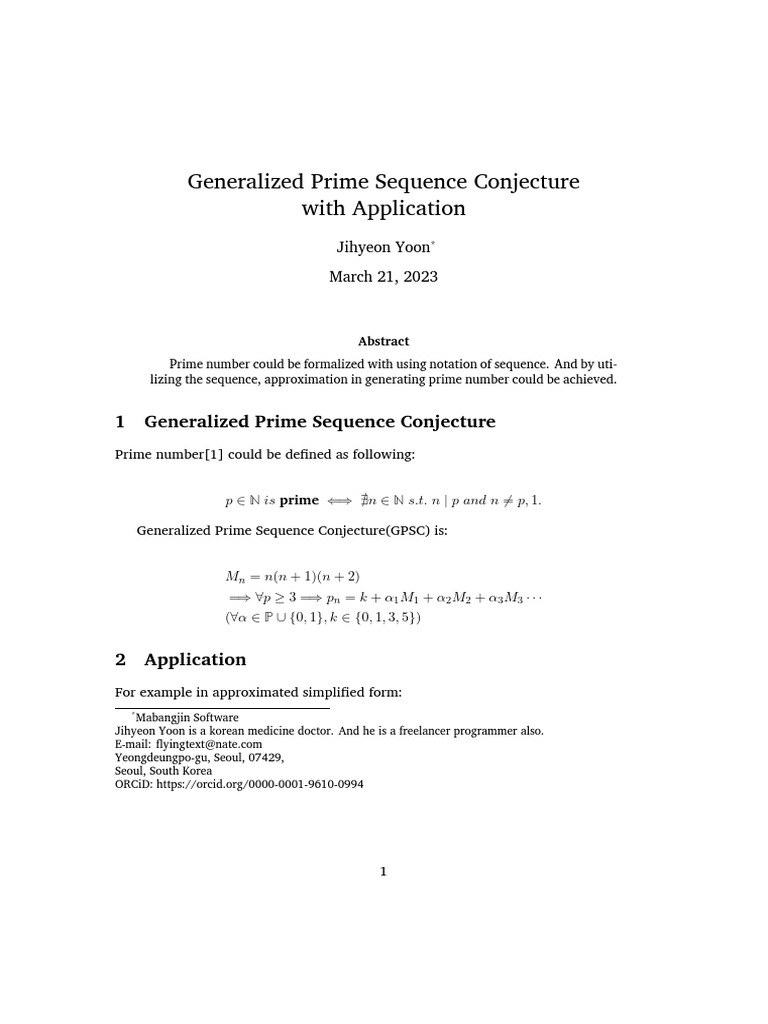 Generalized Prime Sequence Conjecture With Application (Jihyeon Yoon ...