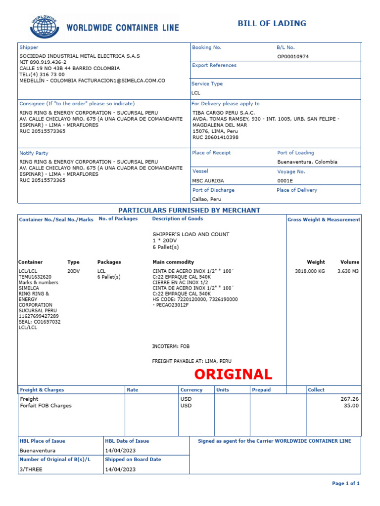 Original: Bill of Lading | PDF | Cargo | Bill Of Lading