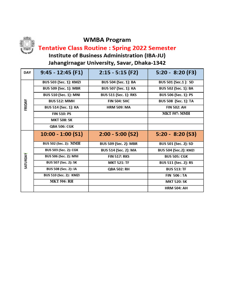 Tentative Class Routine - WMBA Spring 2022 - Student | PDF | Business ...