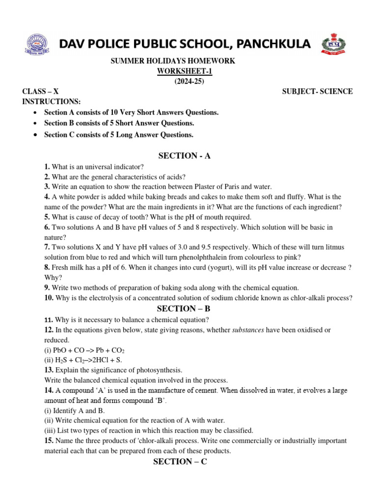 Science Class X Holidays Homework Worksheet1 (24-25) | PDF | Chemical ...
