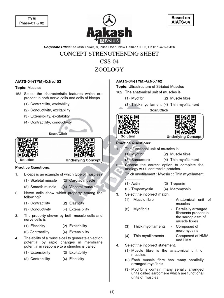 Concept Strengthening Sheet (CSS-04) Based On AIATS-04 (TYM) - Zoology | PDF | Muscle ...