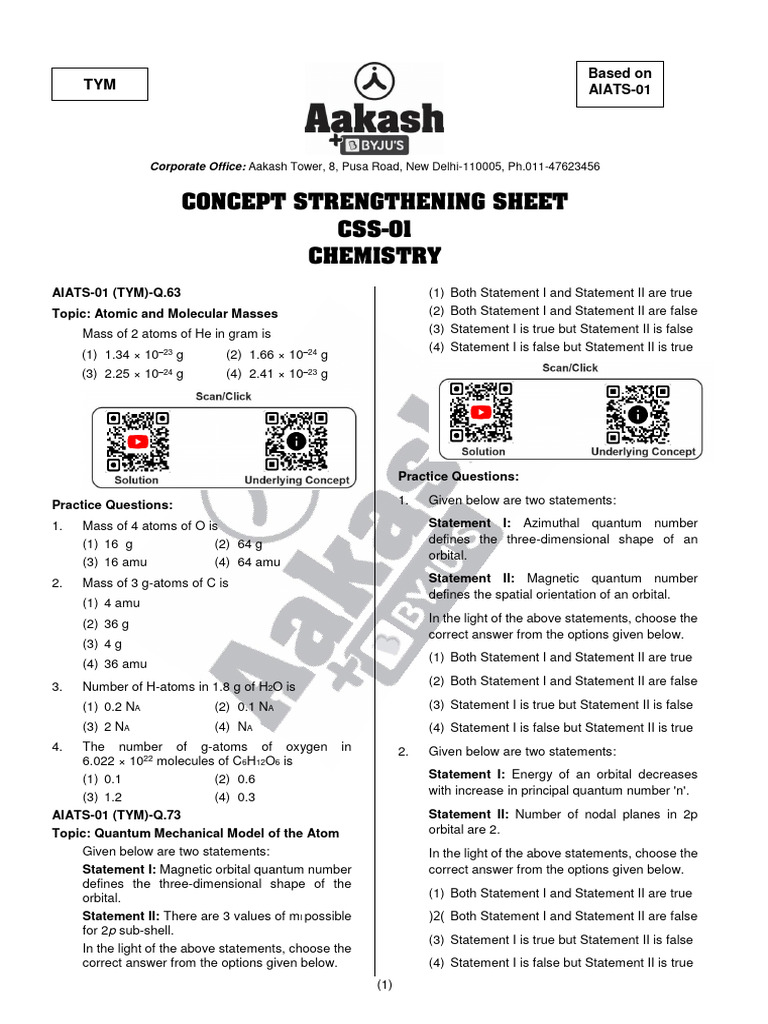Concept Strengthening Sheet (CSS-01) Based On AIATS-01 TYM Chemistry | PDF | Atomic Orbital ...