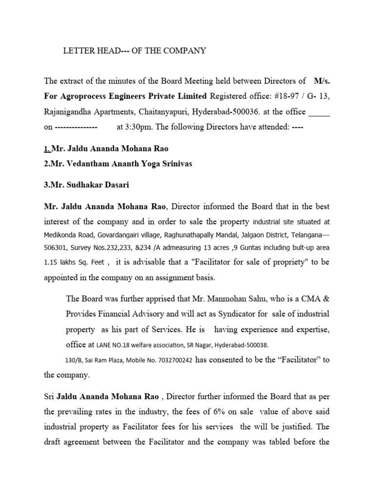 Board Resolution For Land Sale Warngal Final | PDF | Common Law ...