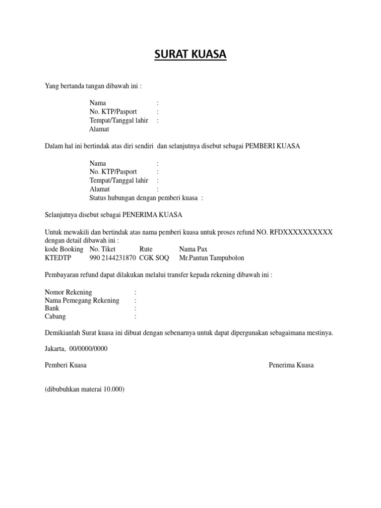 Contoh Surat Kuasa REFUND | PDF