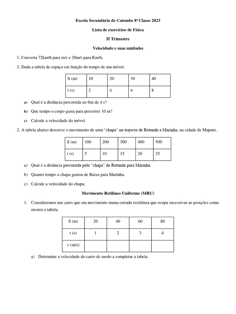 Ficha de Exercicios 2 Trimestre 8 Classe Fisica | Download grátis PDF ...