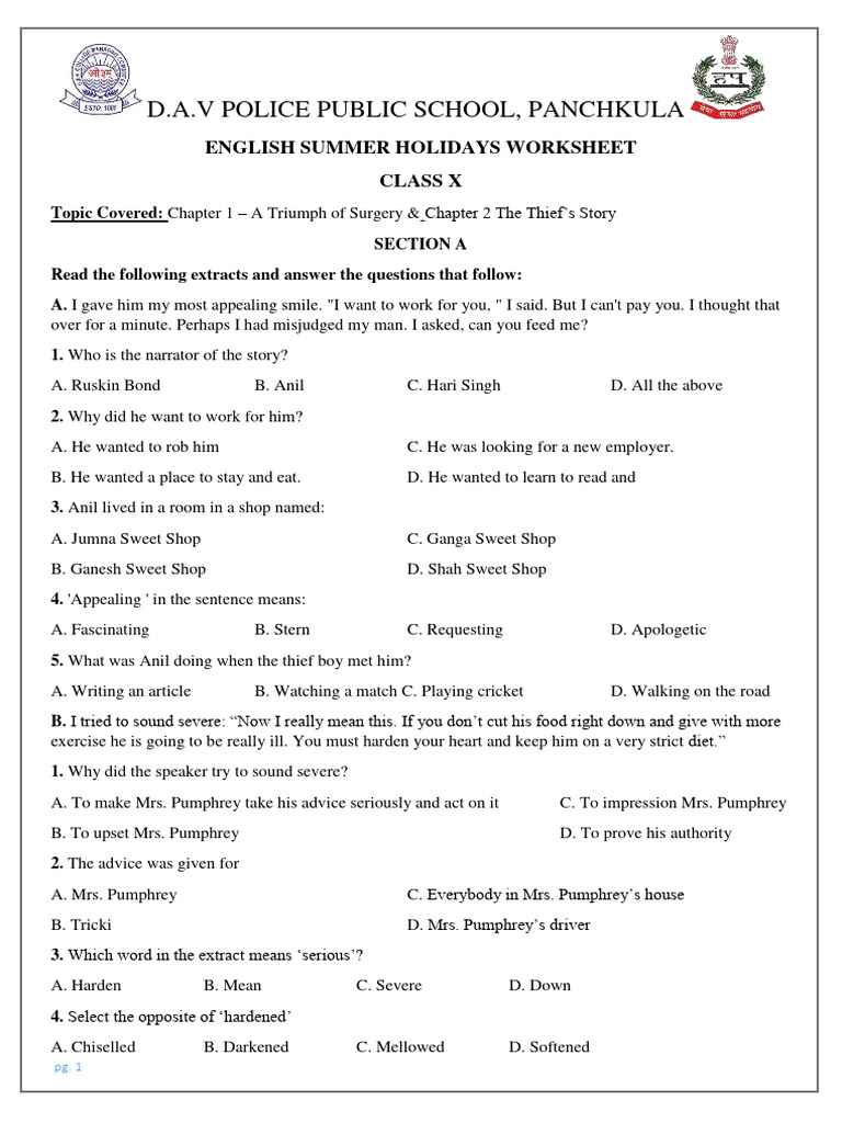 English Summer Holidays Worksheet 2 Class X (2024-25) | PDF