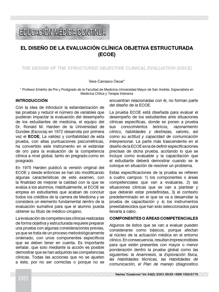 El Diseño de La Evaluación Clínica Objetiva Estructurada (ECOE) | PDF | Evaluación | Diagnostico ...