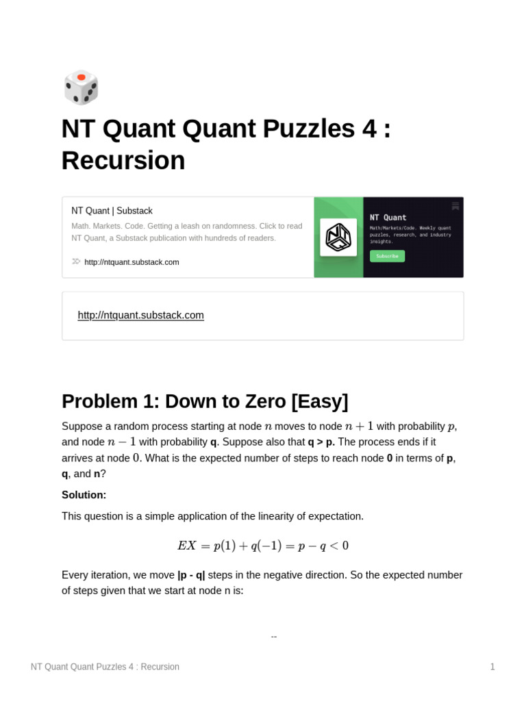 NT Quant Quant Puzzles 4: Recursion: Problem 1: Down To Zero (Easy ...