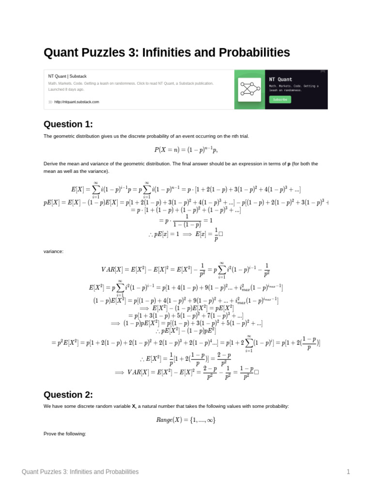 Quant Puzzles 3: Infinities and Probabilities | PDF | Statistical ...