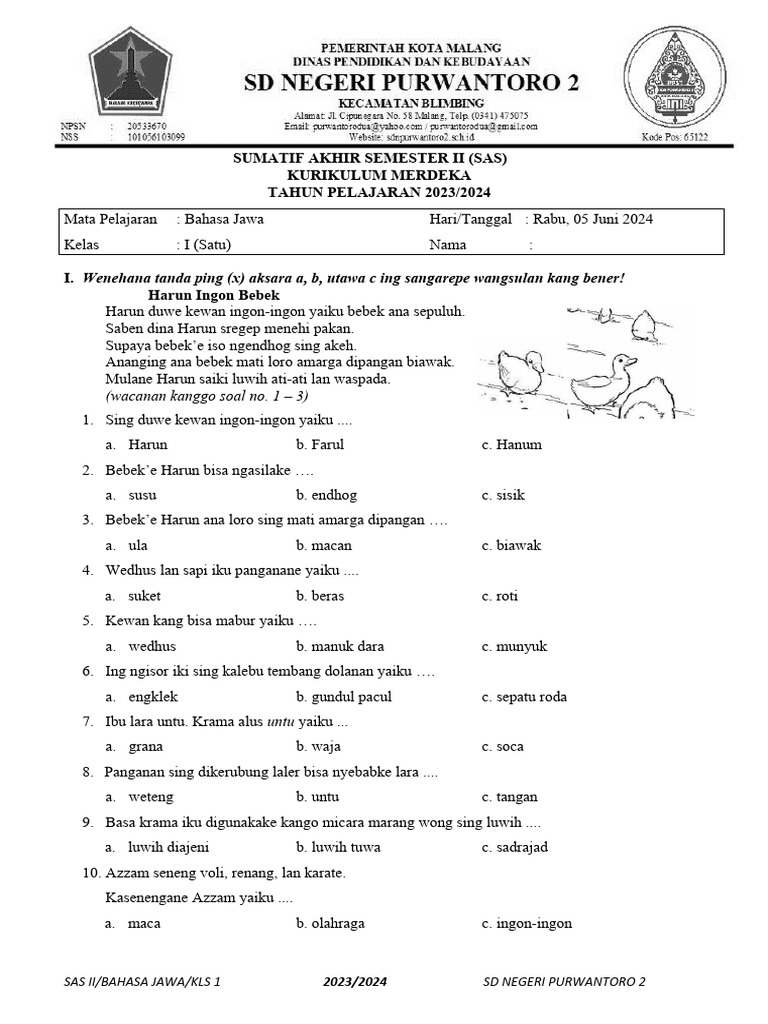 Sas Bahasa Jawa Kelas 1 | PDF