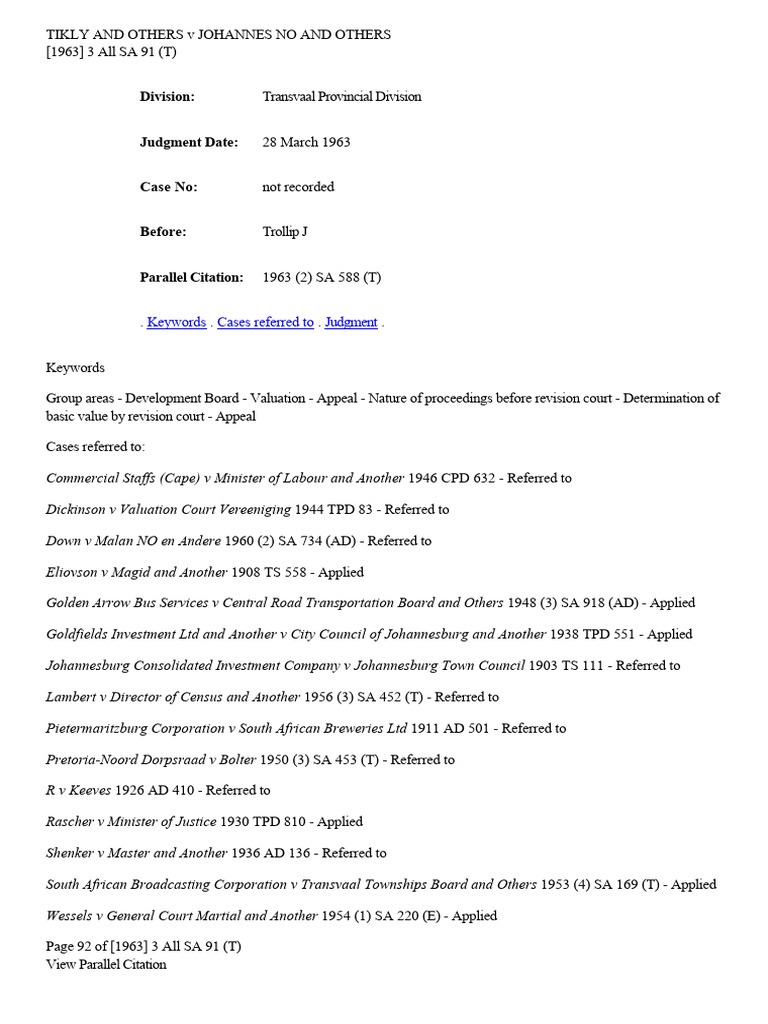 TIKLY AND OTHERS V JOHANNES NO AND OTHERS (1963) 3 All SA 91 (T) | PDF ...