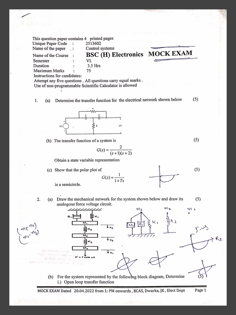 Practice Paper 2 - Control Systems PYQ Paper For Sem VI Uploaded by Navdeep Raghav (DU Academic ...