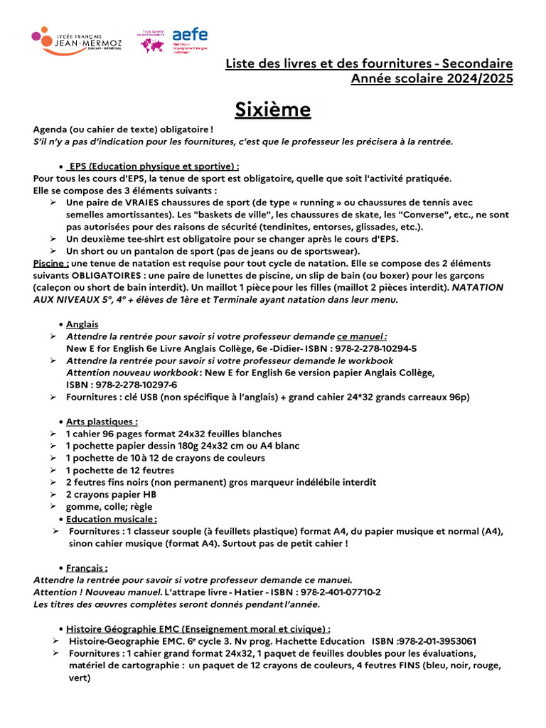 Liste Fourniture LFJM Secondaire 2024-2025 | PDF
