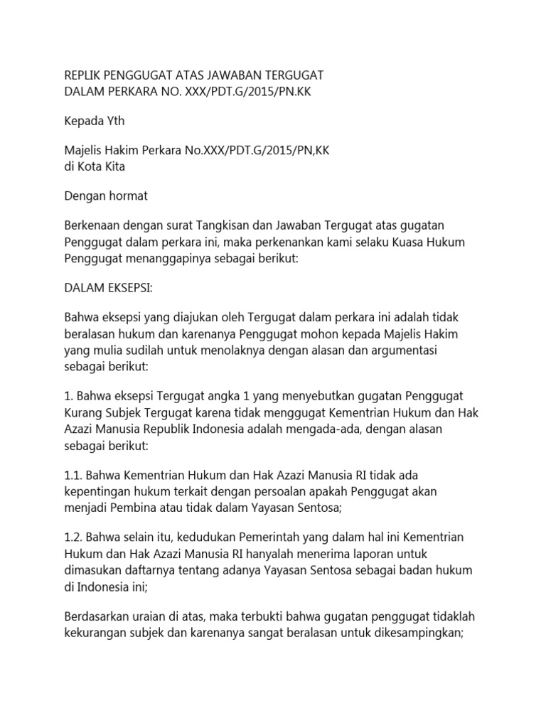 Contoh Replik | PDF | Hukum