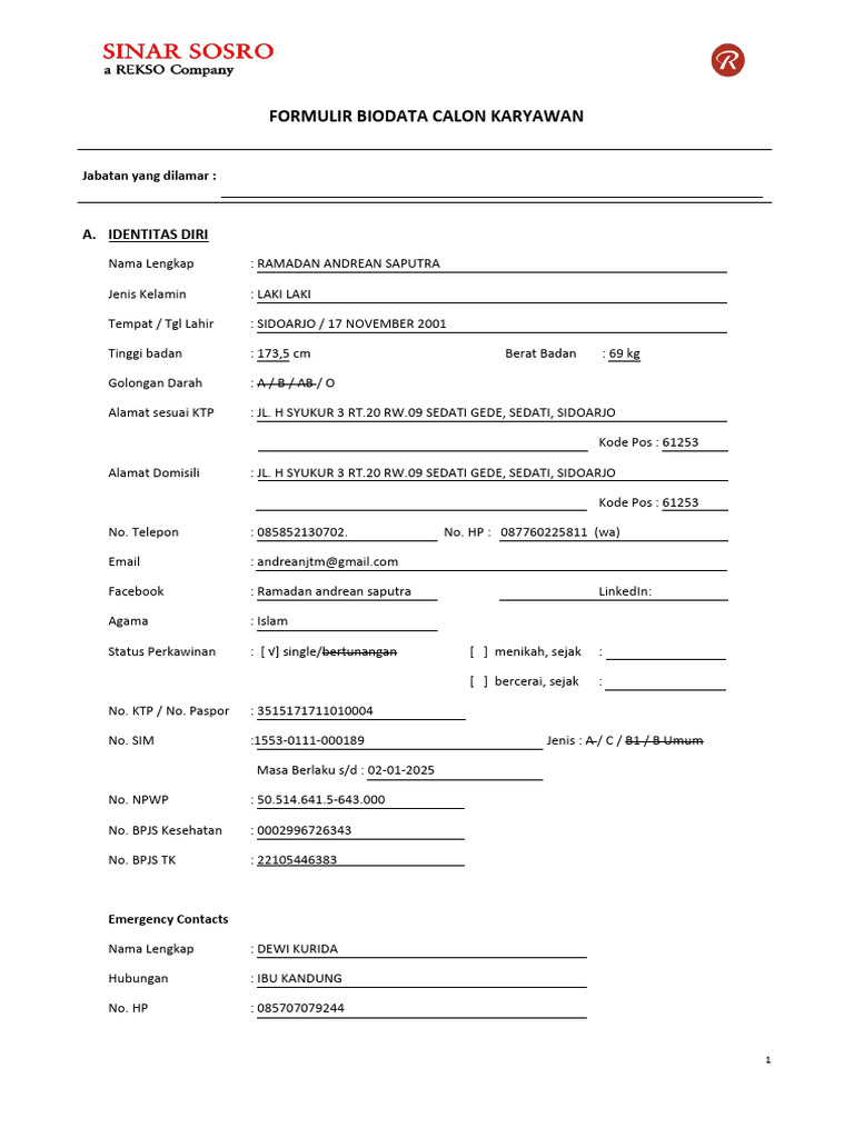 Form Biodata Calon Karyawan | PDF