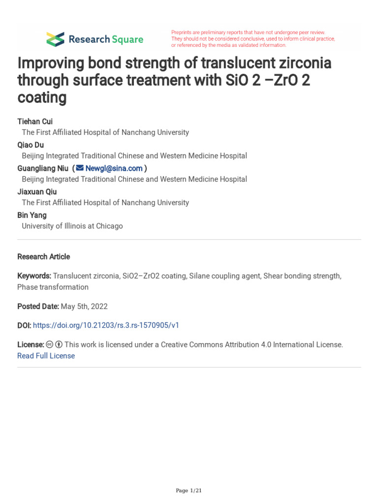 Improving Bond Strength of Translucent Zirconia Through Surface Treatment With SiO 2 - ZrO 2 ...