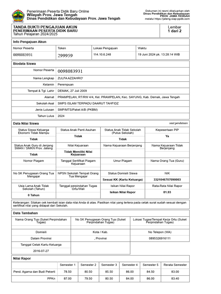 Tanda Bukti Pengajuan Akun - 0098083931 - ZULFA AZZAHRO' | PDF