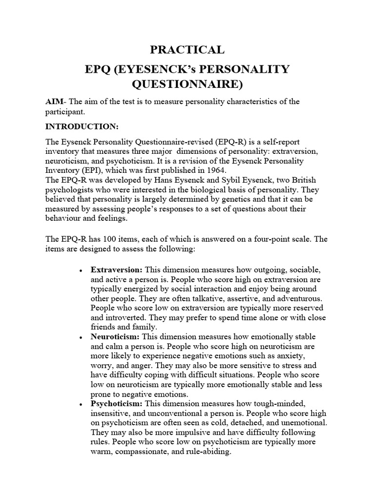 Practical Epq (Eyesenck'S Personality Questionnaire) | Download Free ...