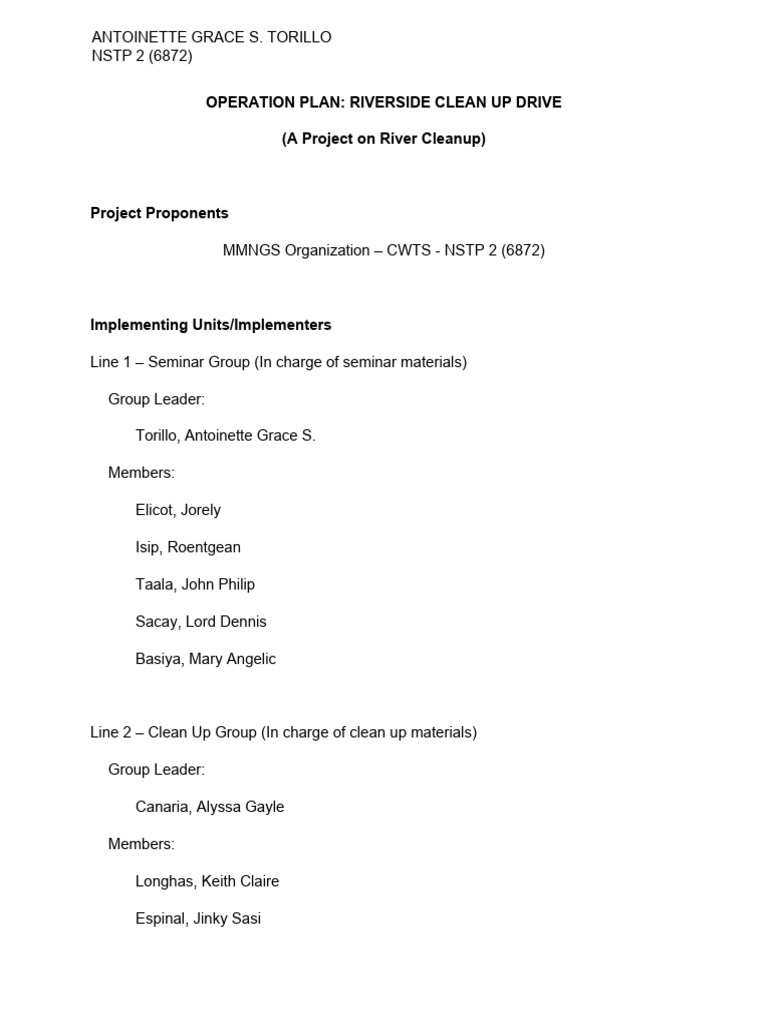 Operation Plan Riverside Clean Up Drive | PDF | Waste | Plastic