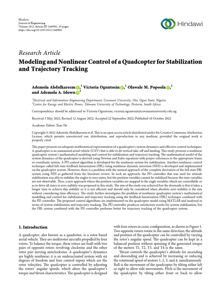 Research Article: Modeling and Nonlinear Control of A Quadcopter For ...