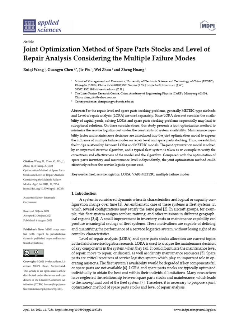 2 Joint Optimization Method of Spare Parts Stocks and Level of Repair Analysis Considering ...