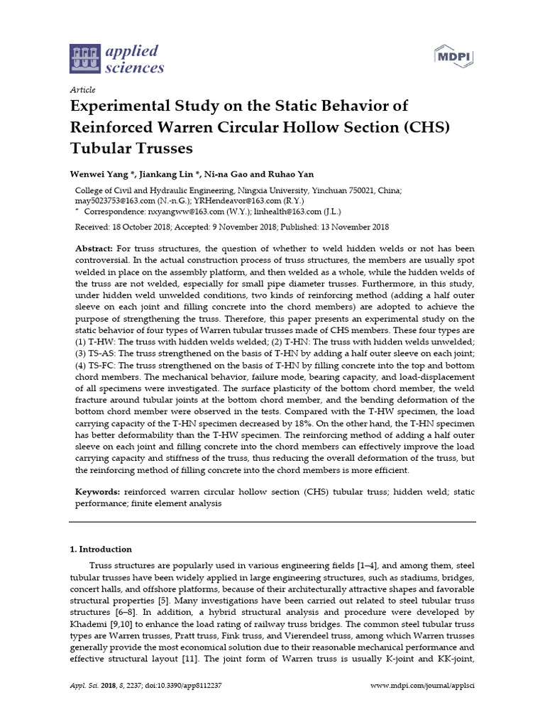 Experimental Study On The Static Behavior of Reinf | PDF | Truss | Deformation (Engineering)