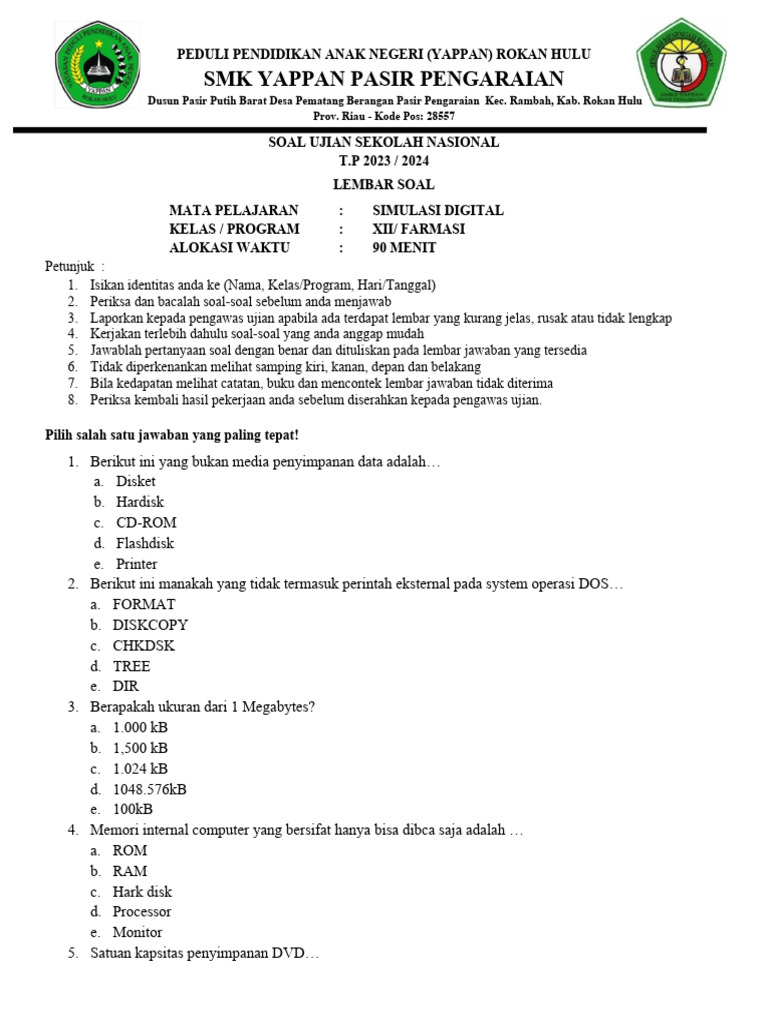 Soal Simdik Smsester Genap 2021 Print | PDF
