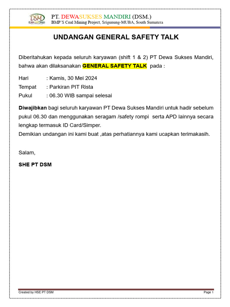 Undangan General Safety Talk Mei 2024 | PDF