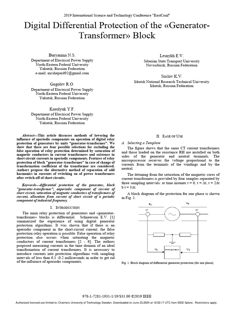 Digital Differential Protection of The Generator-Transformer Block ...
