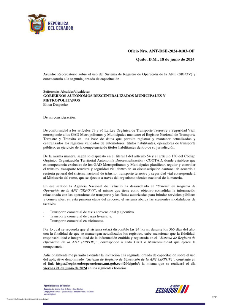 Oficio No. ANT-DSE-2024-0103-OF de 18-06-2024 | PDF | Transporte Oficio No. ANT-DSE-2024-0103-OF de 18-06-2024 | PDF | Transporte