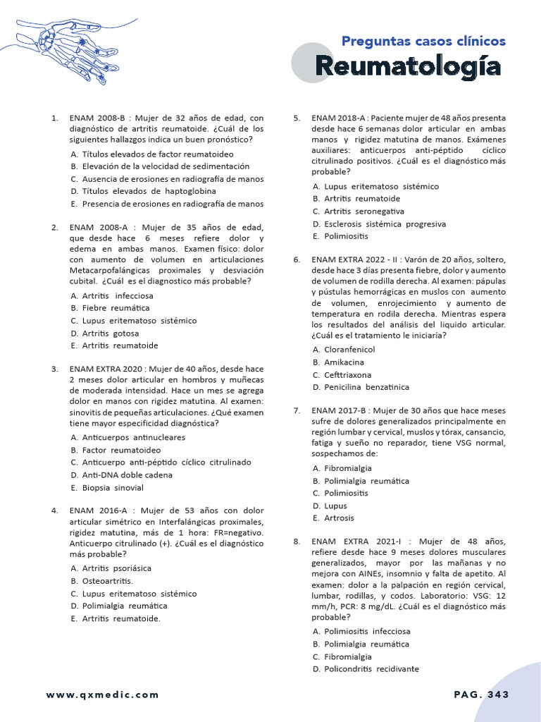 Reumatología - Banco de Preguntas - Caso Clínico - Sin Claves | PDF | Artritis Reumatoide | Rodilla