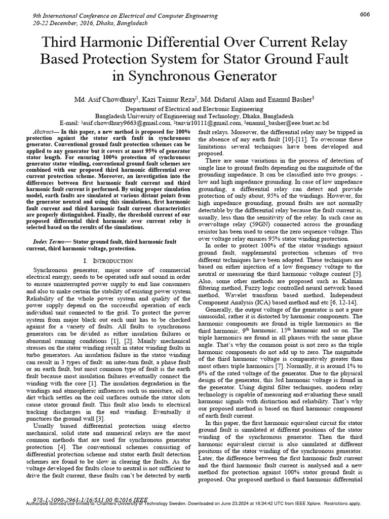 Third Harmonic Differential Over Current Relay Based Protection System For Stator Ground Fault ...