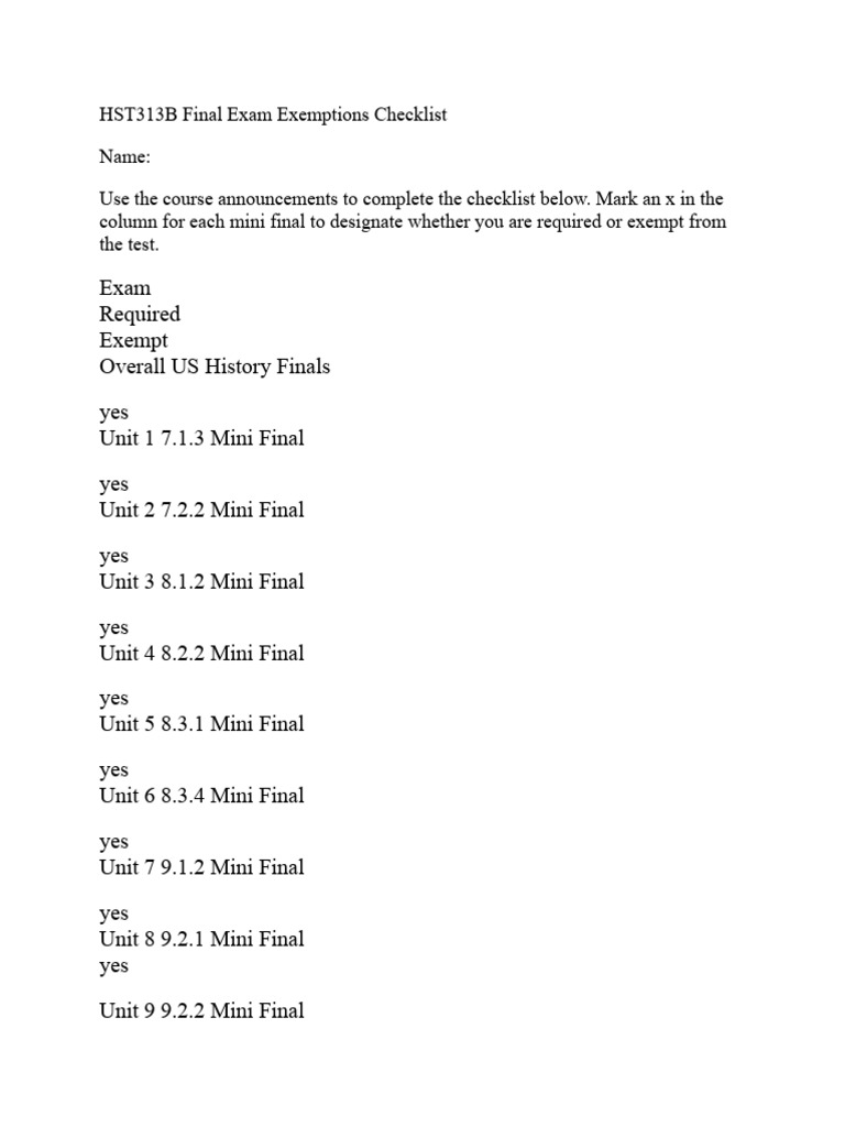 HST 313B Final Exam Exemptions Checklist | PDF | Teaching Methods ...