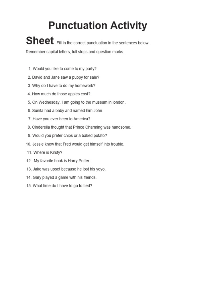 Punctuation Activity Sheet Woa | PDF | Punctuation | Typography