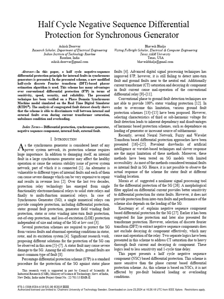 Half Cycle Negative Sequence Differential Protection For Synchronous ...