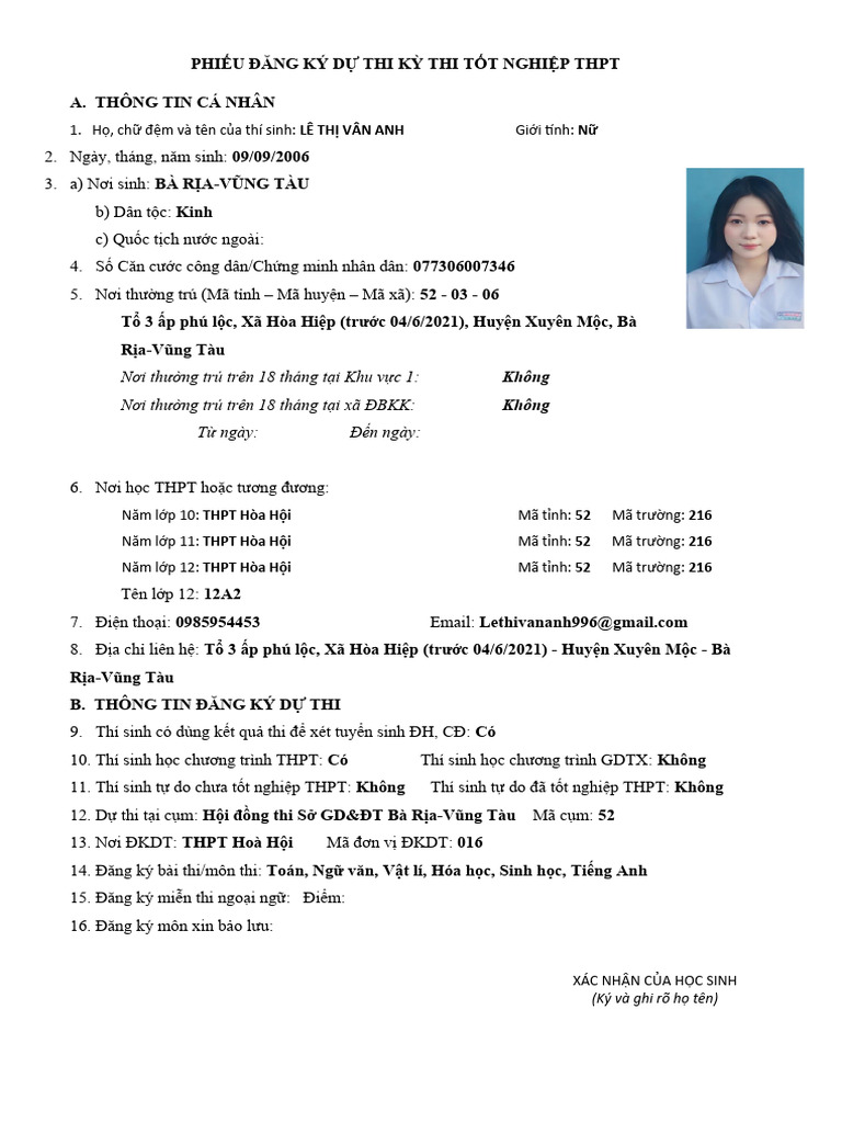 DanhsachPhieuDangKy Lop 12A2 | PDF