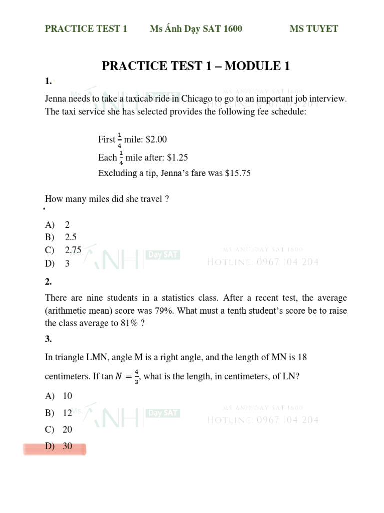 Practice Test 1 - Module 1: Practice Test 1 Ms Ánh D y SAT 1600 Ms ...