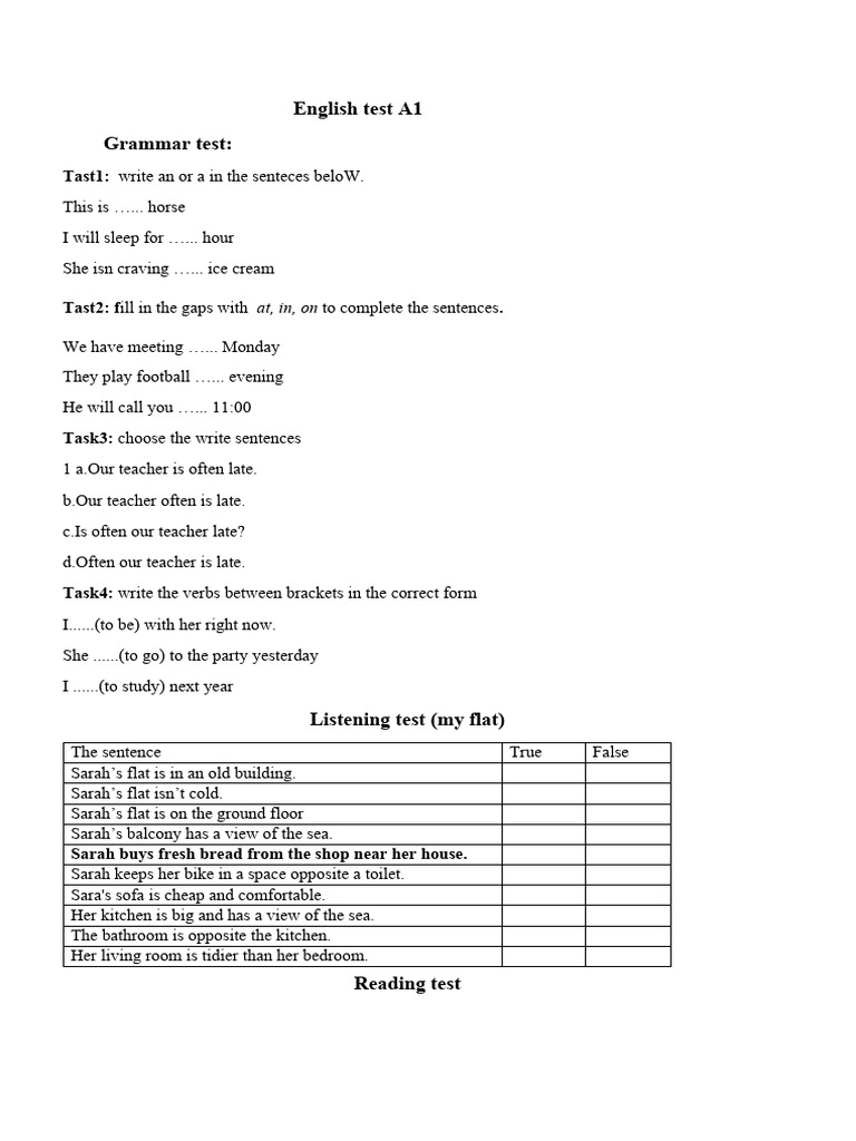 English Test A1 | PDF