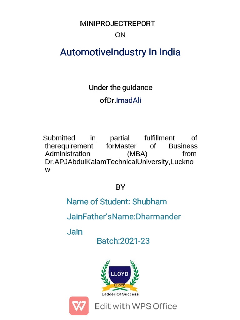 MBA Project on India's Automotive Industry | PDF | Car | Automotive ...
